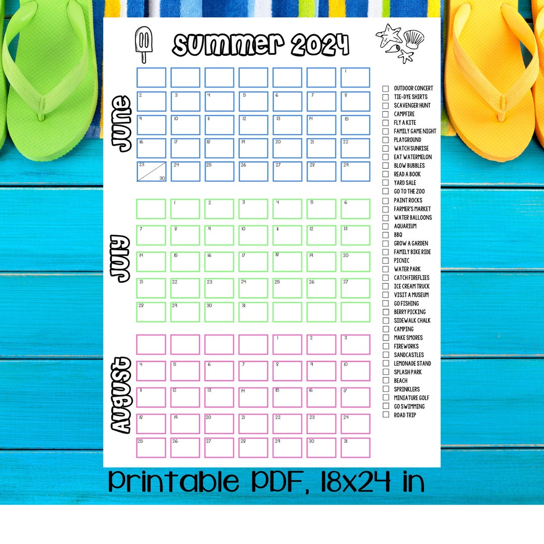 Printable Summer Calendar Poster, Kids Summer Activities Calendar ...