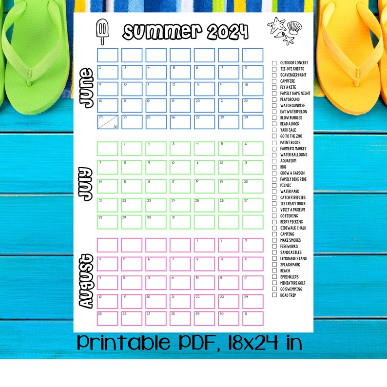 Printable Summer Calendar Poster, Kids Summer Activities Calendar ...