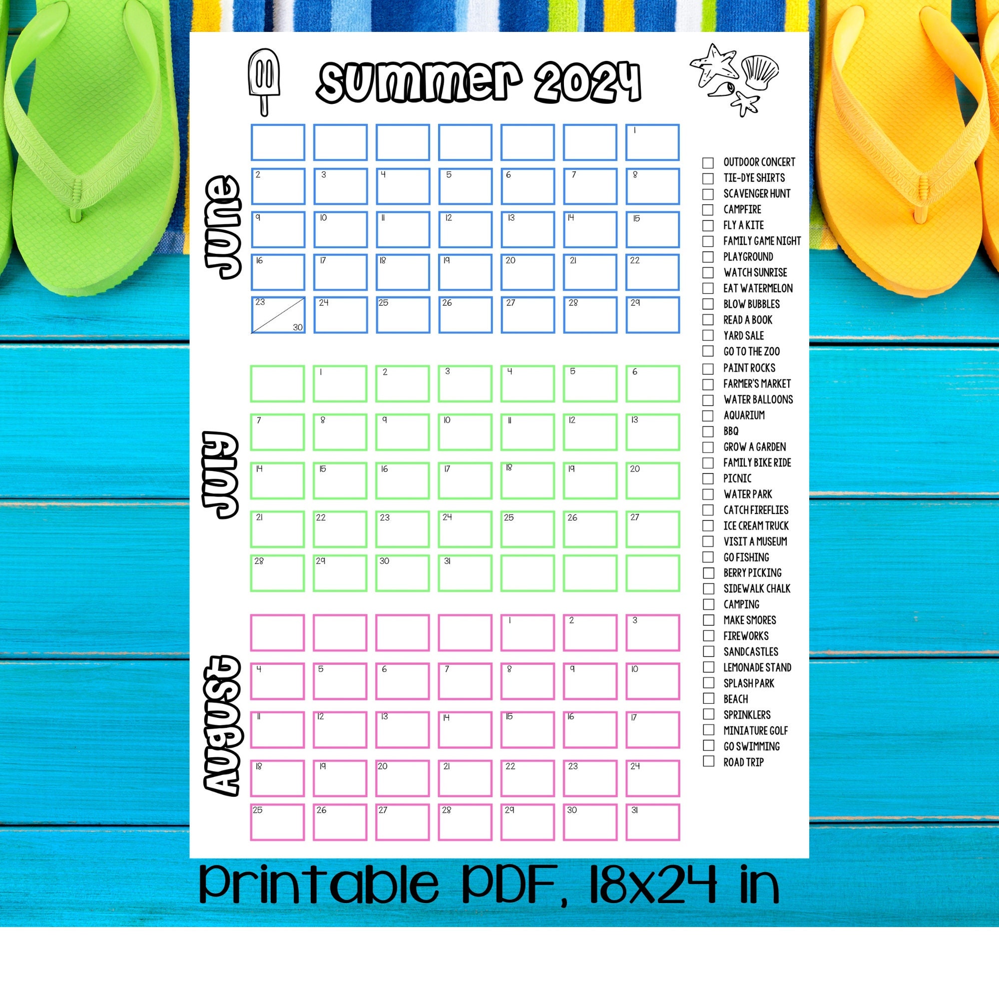 Printable Summer Calendar Poster, Kids Summer Activities Calendar ...