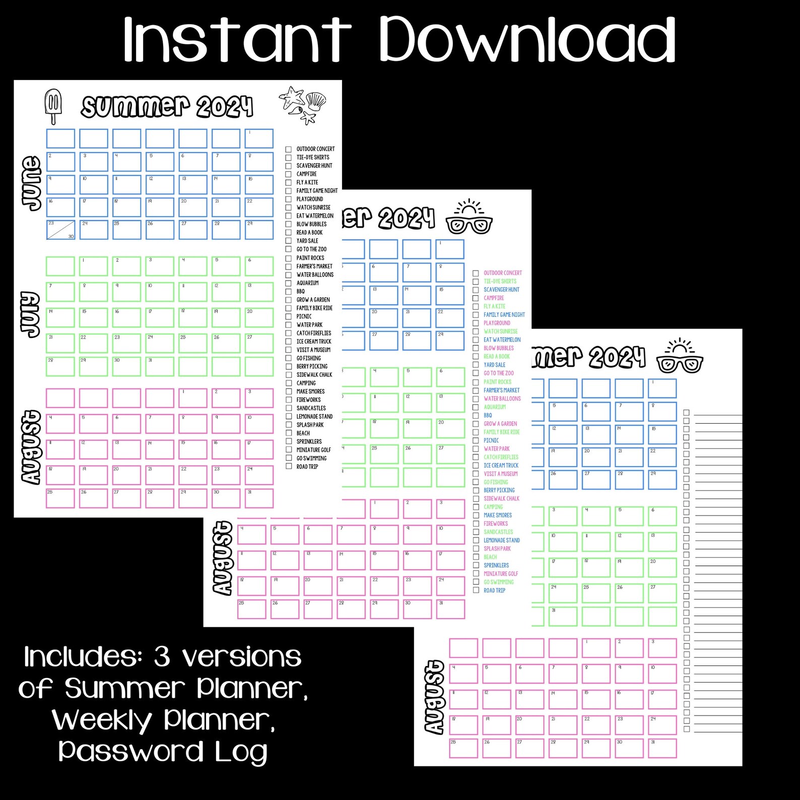 Printable Summer Calendar Poster Bundle, Kids Summer Activities ...