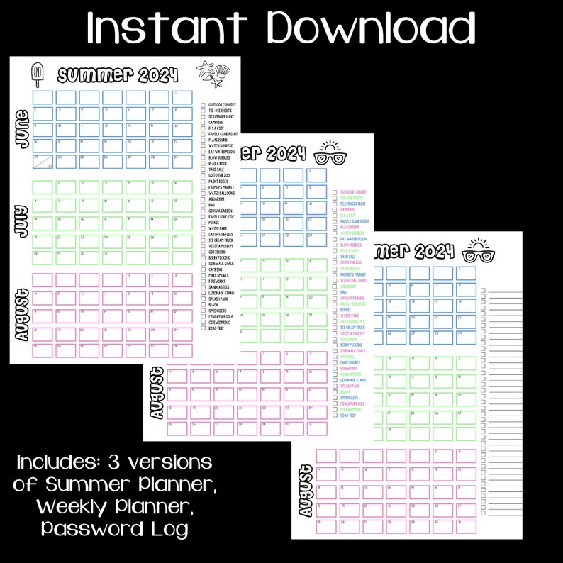 Printable Summer Calendar Poster Bundle, Kids Summer Activities ...