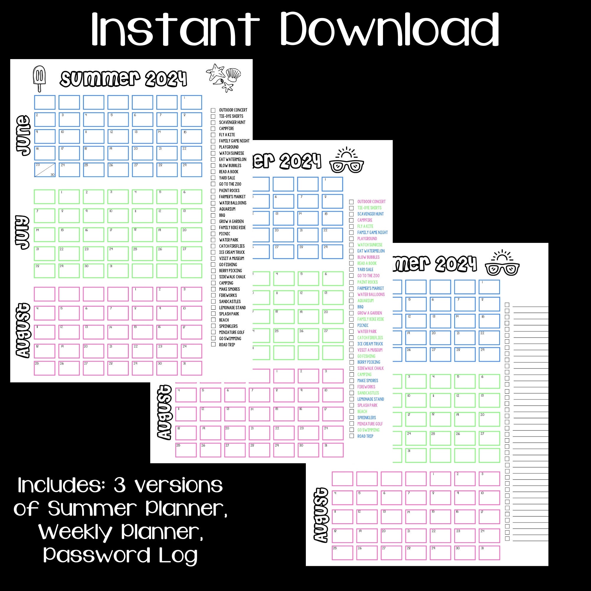 Printable Summer Calendar Poster Bundle, Kids Summer Activities ...