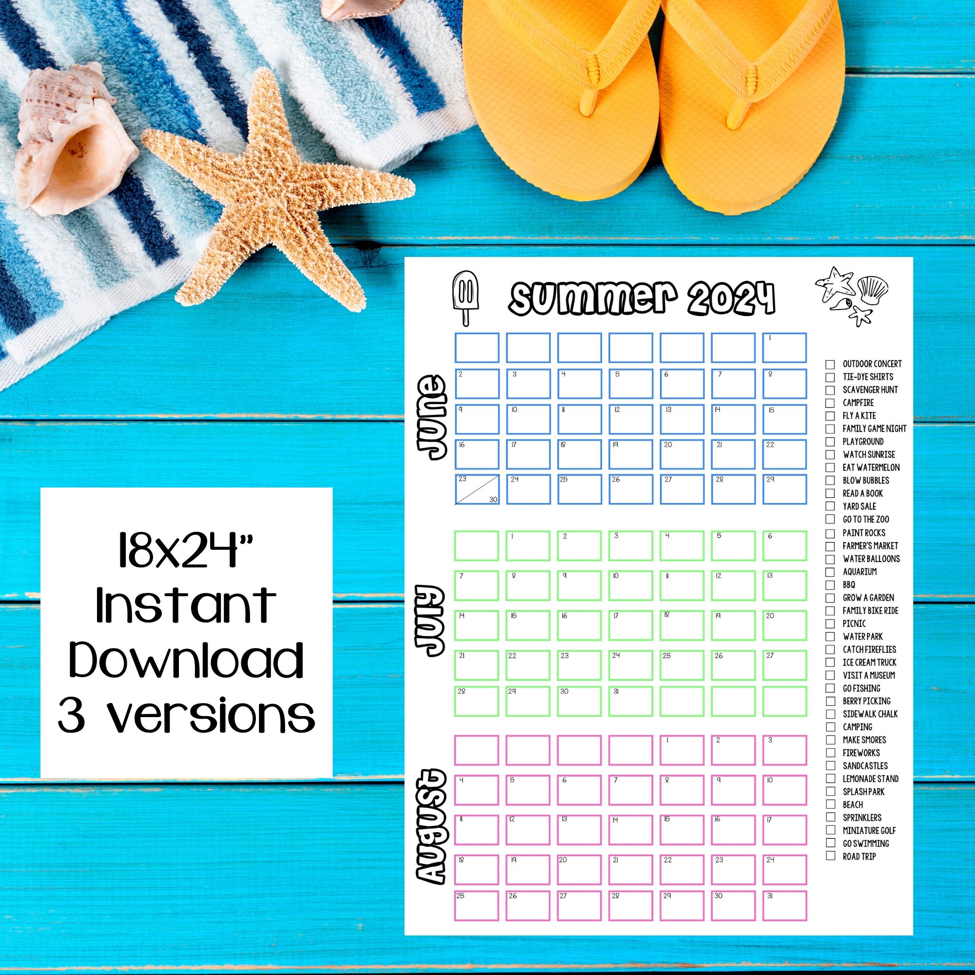 Printable Summer Calendar Poster Bundle, Kids Summer Activities ...