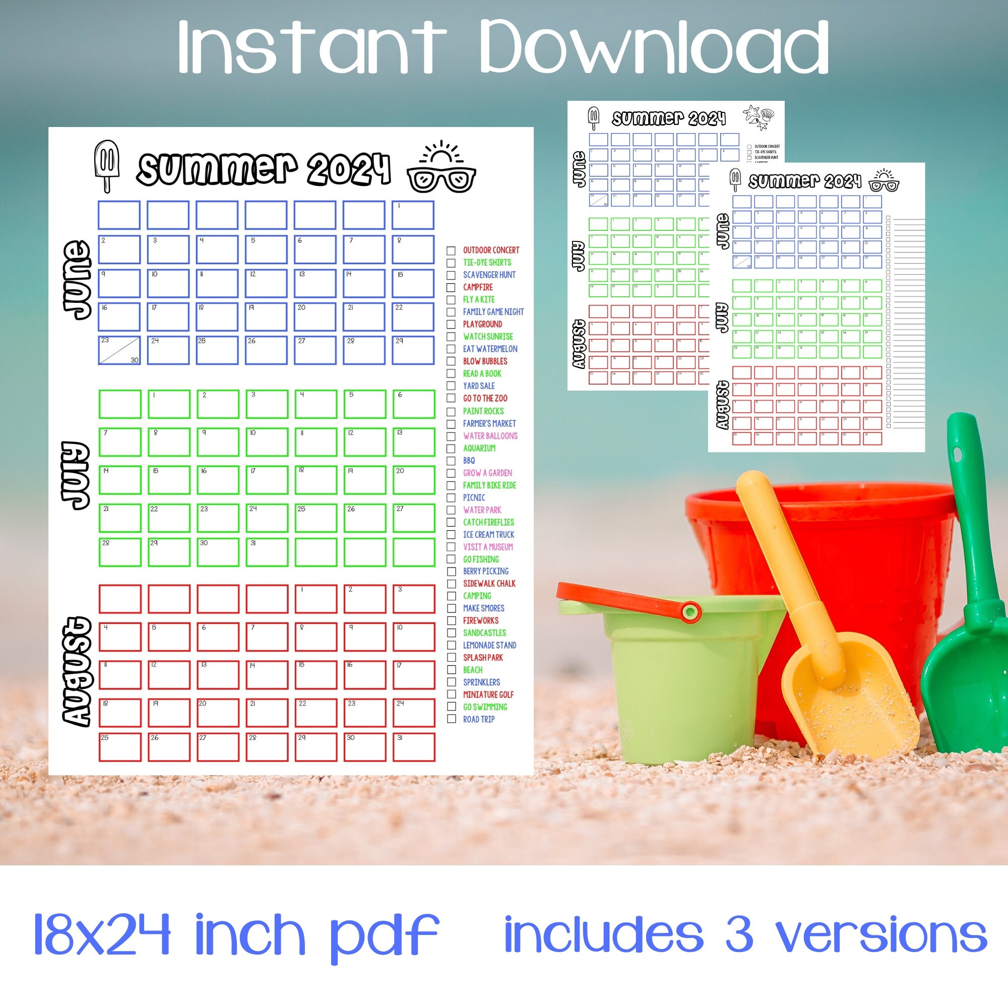 Printable Summer Calendar Poster, Kids Summer Activities Calendar ...