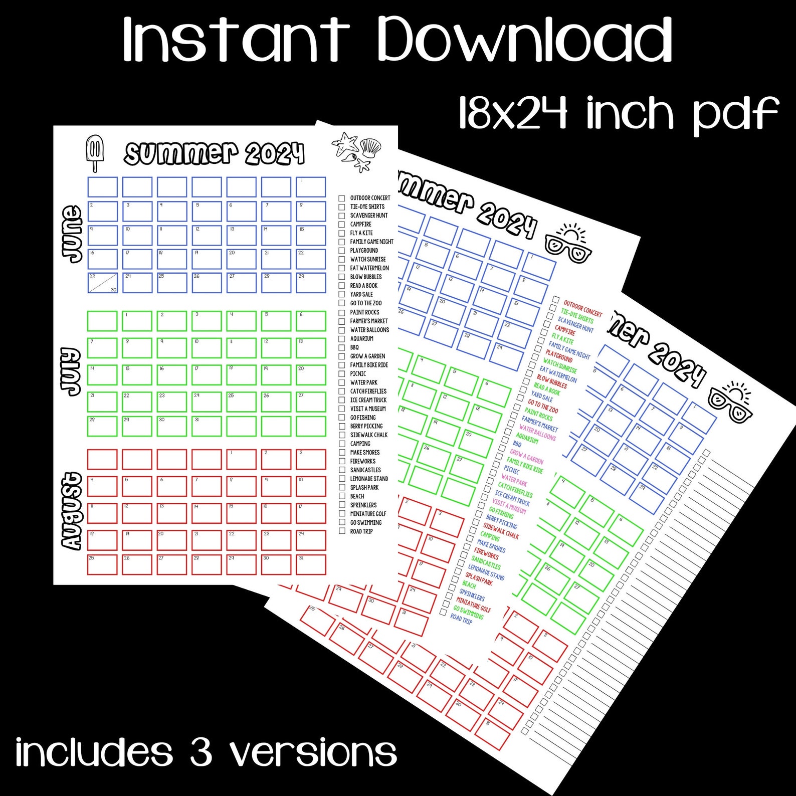 Printable Summer Calendar Poster, Kids Summer Activities Calendar ...