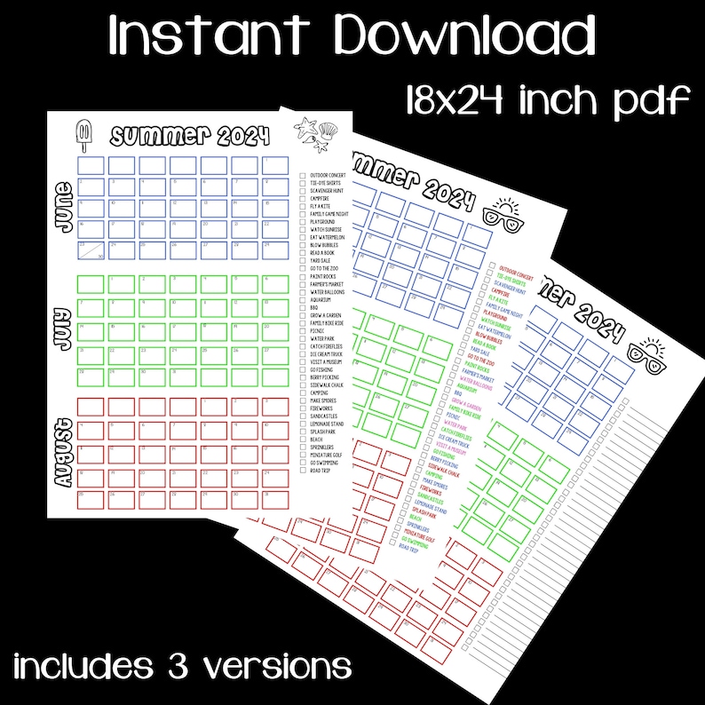 Printable Summer Calendar Poster, Kids Summer Activities Calendar ...