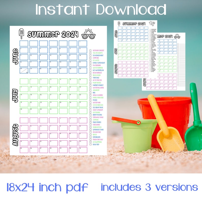 Printable Summer Calendar Poster, Kids Summer Activities Calendar ...