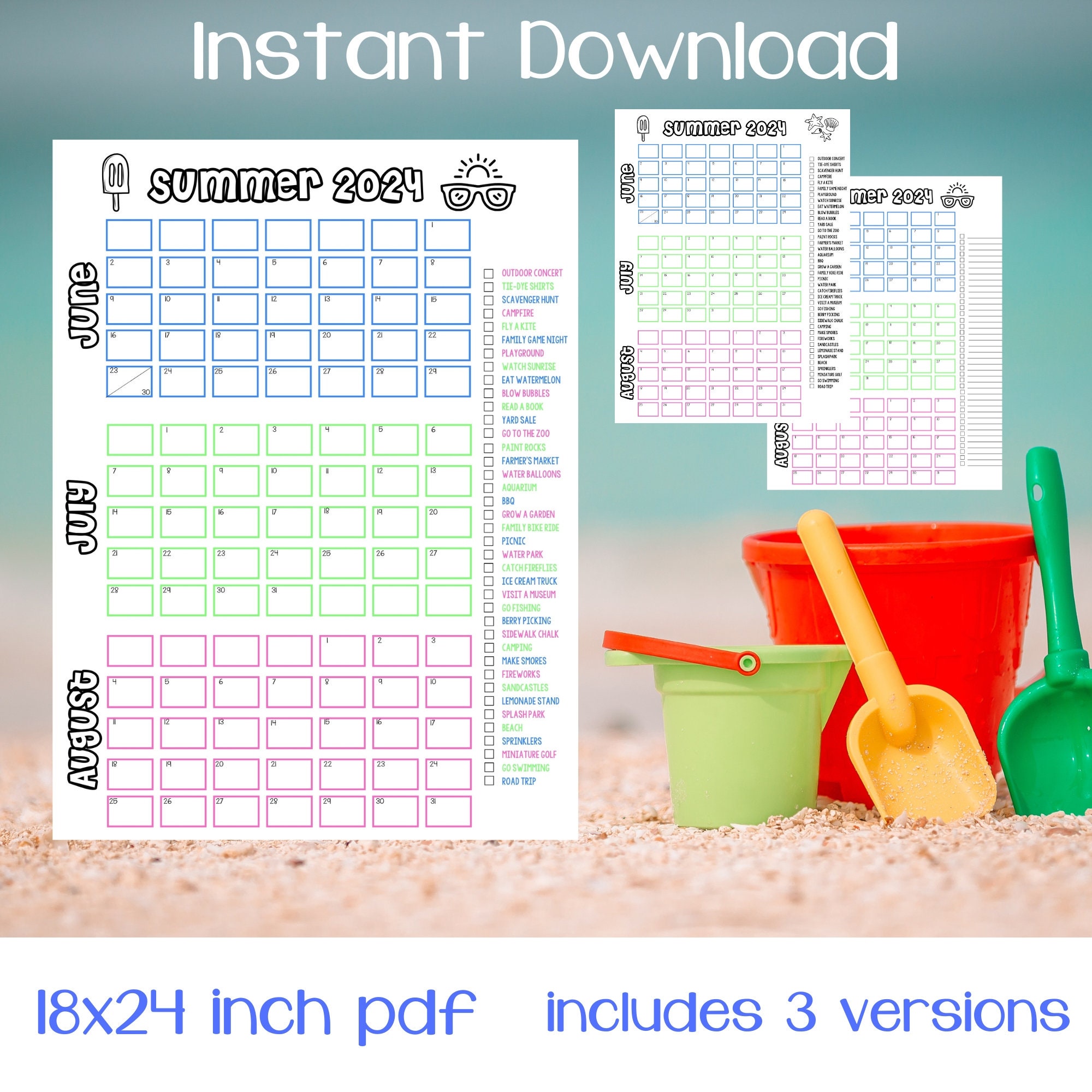 Printable Summer Calendar Poster, Kids Summer Activities Calendar ...