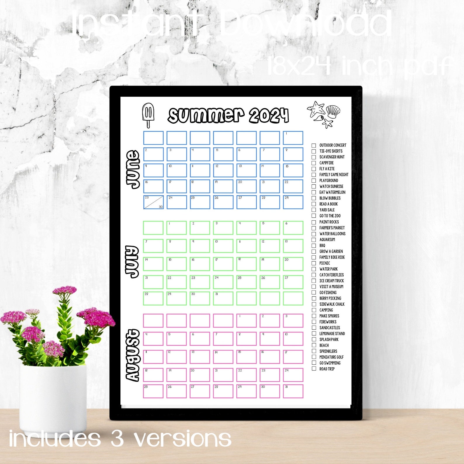 Printable Summer Calendar Poster, Kids Summer Activities Calendar ...