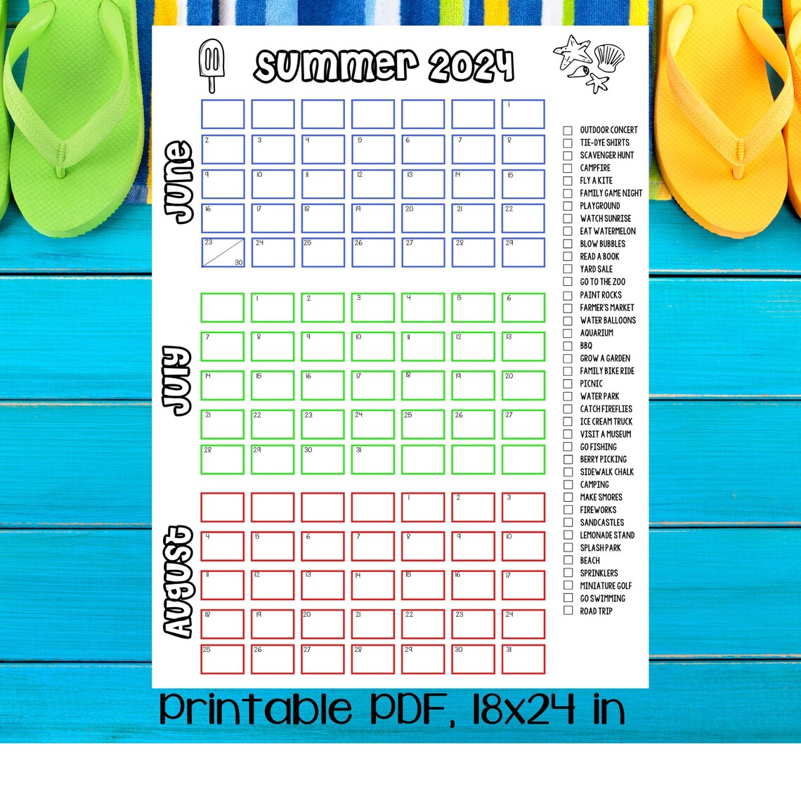 Printable Summer Calendar Poster, Kids Summer Activities Calendar ...