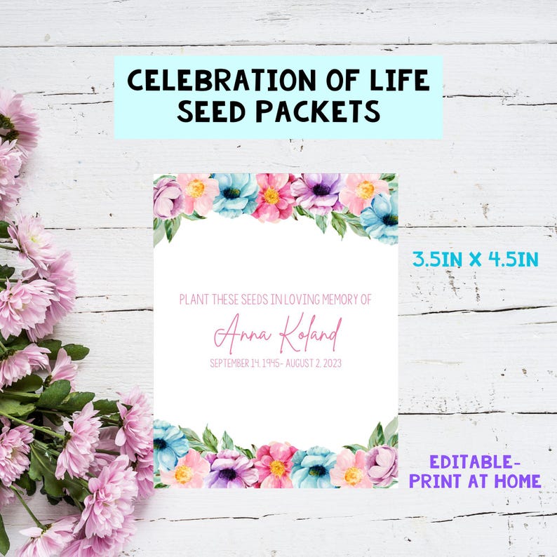 Funeral Seed Packets, Celebration of Life Seed Packets, Printable ...