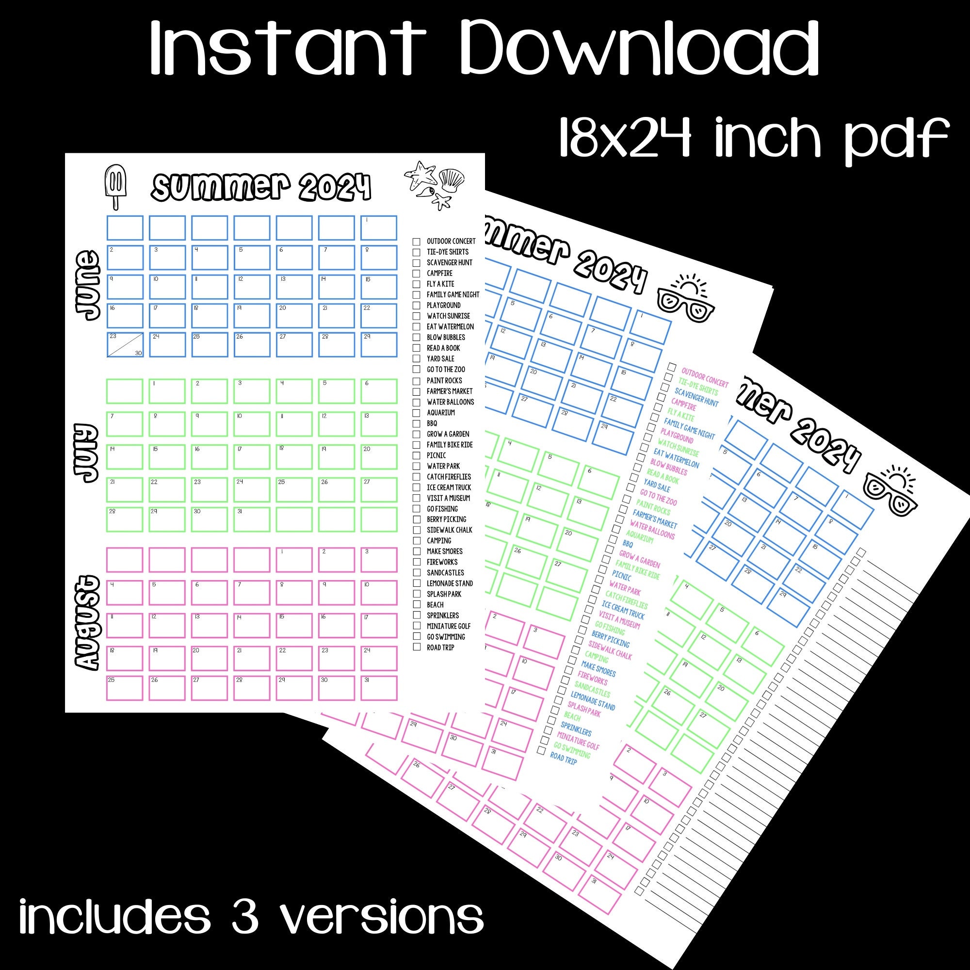 Printable Summer Calendar Poster, Kids Summer Activities Calendar ...