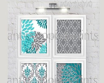 Turquoise Pms 3115 Grey White Damask Floral Prints Set of 4 | Etsy