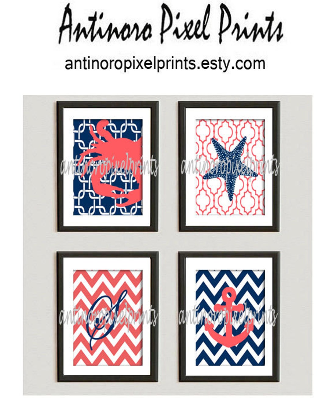 Personalized Navy Coral Digital Illustration Beach House - Etsy