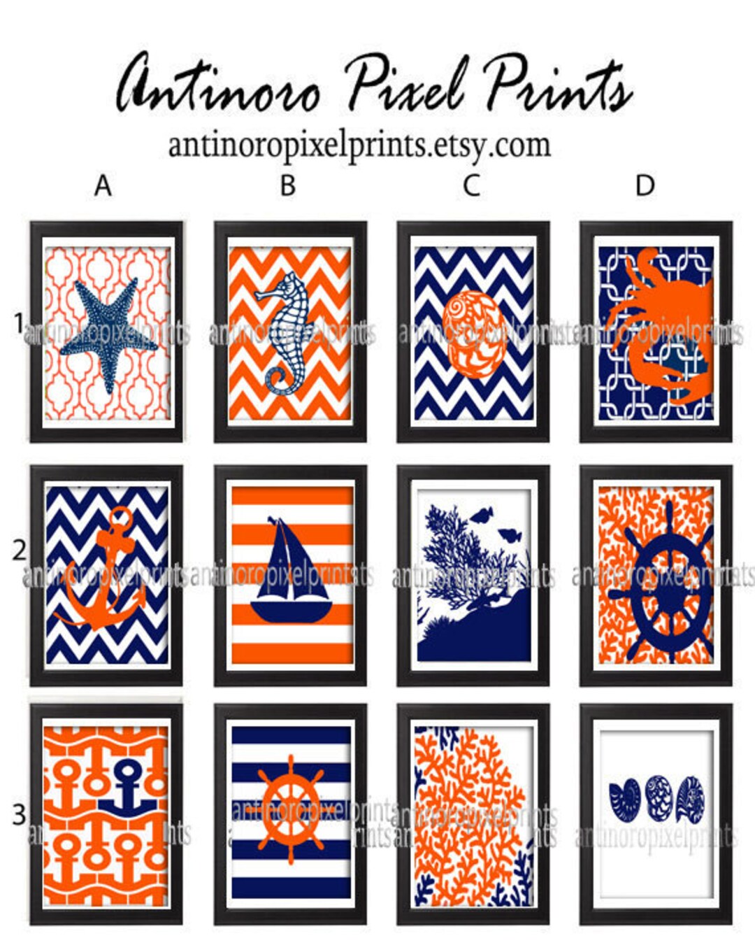 Navy Orange Digital Illustration Bath / Beach House Prints Wall Art ...