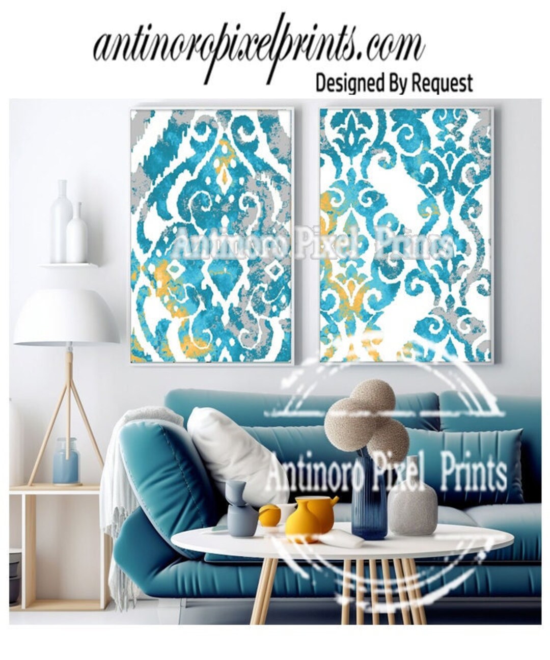 Watercolor Ikat Teal Yellow Gray Wall Art Set Includes 2 16x20 Wall Art ...