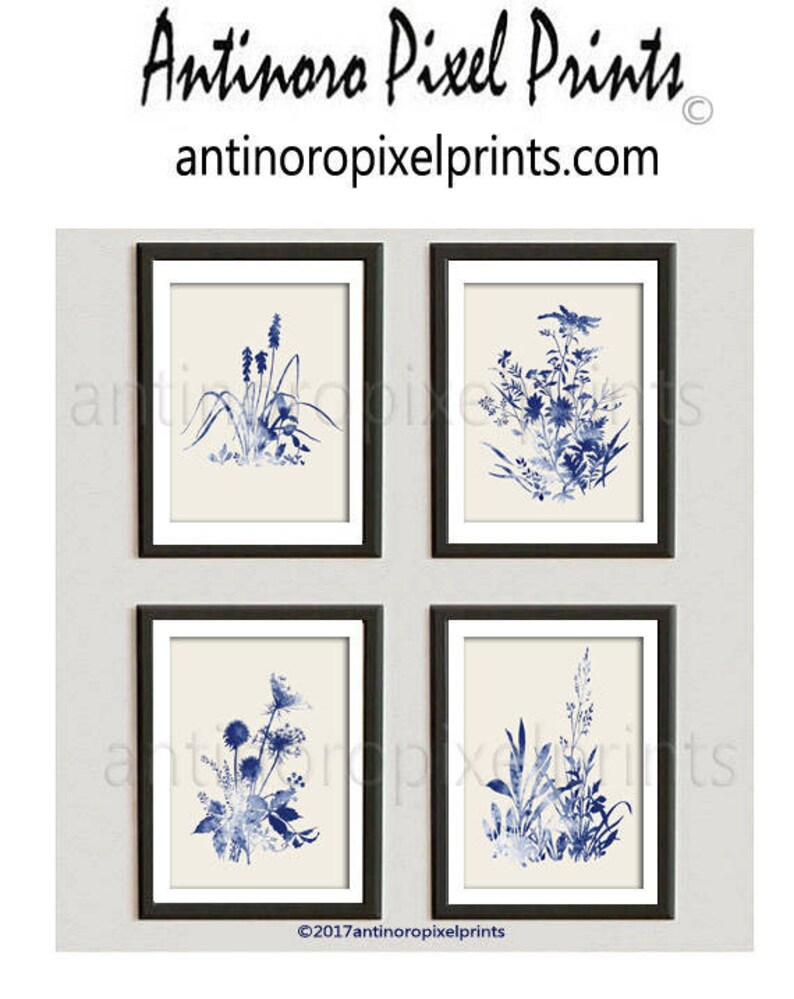 Watercolor Navy Flower Garden Botanical Print Gallery Set of - Etsy