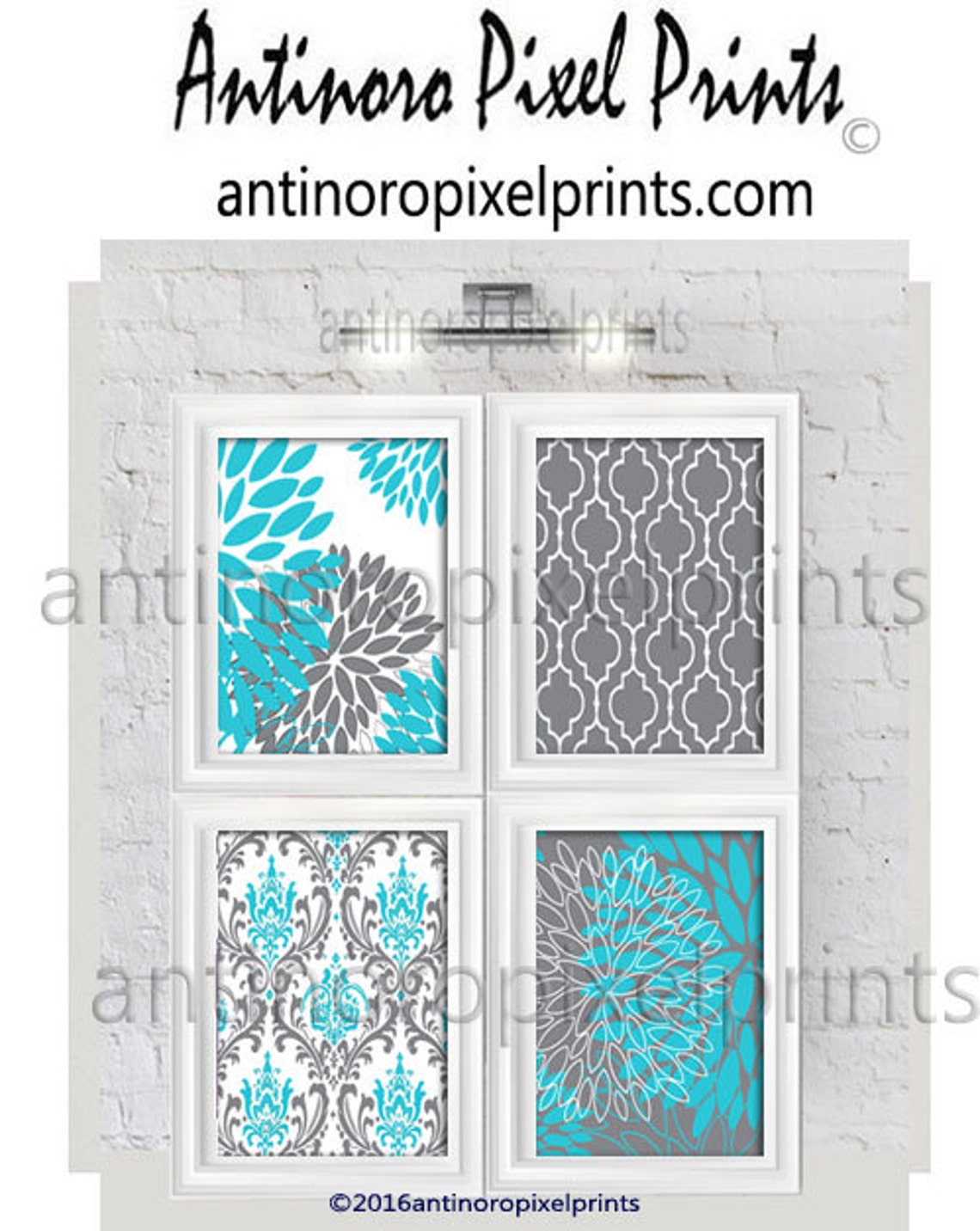 Turquoise Pms 3115 Grey White Damask Floral Prints Set of 4 - Etsy