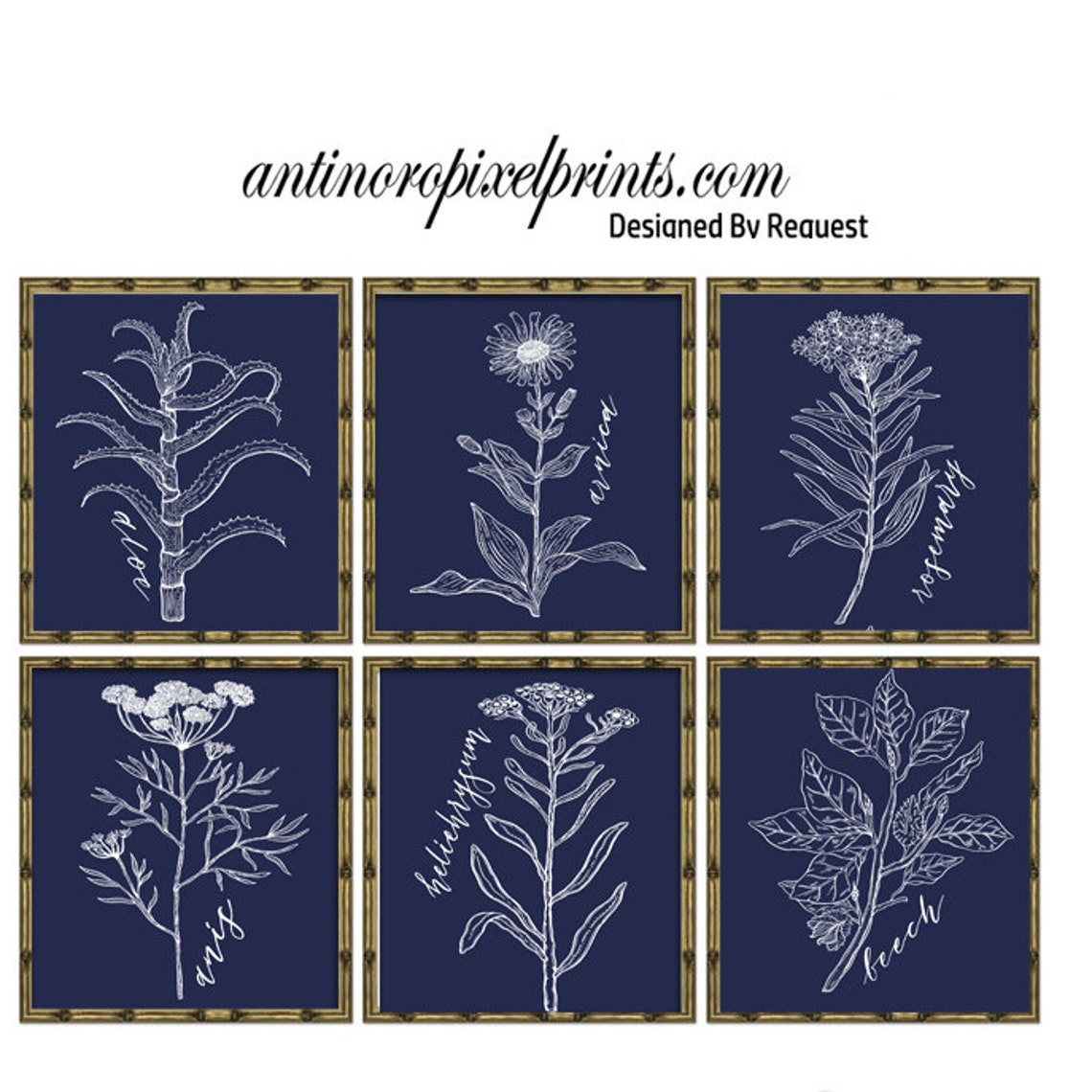 Navy White Floral Art Print Botanical Art Set of Prints - Etsy