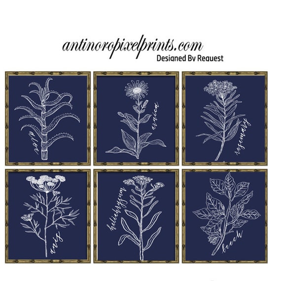 Navy White Floral Art Print Botanical Art Set of Prints | Etsy