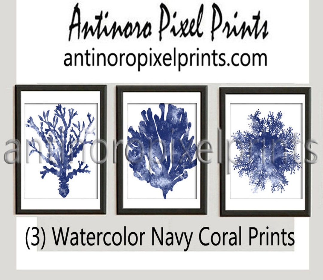 Watercolor Navy Indigo Coral Poster Pictures Set of 3 16x20 - Etsy