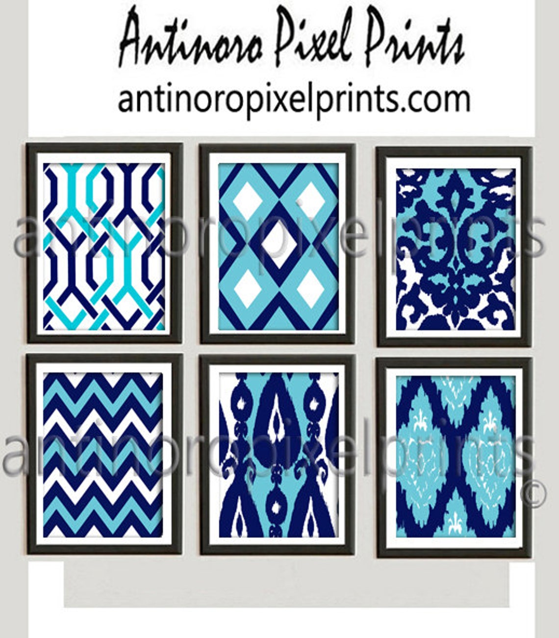 Spring Geo Patterns Turquoise Navy Blue Ikat Damask Print Wall | Etsy