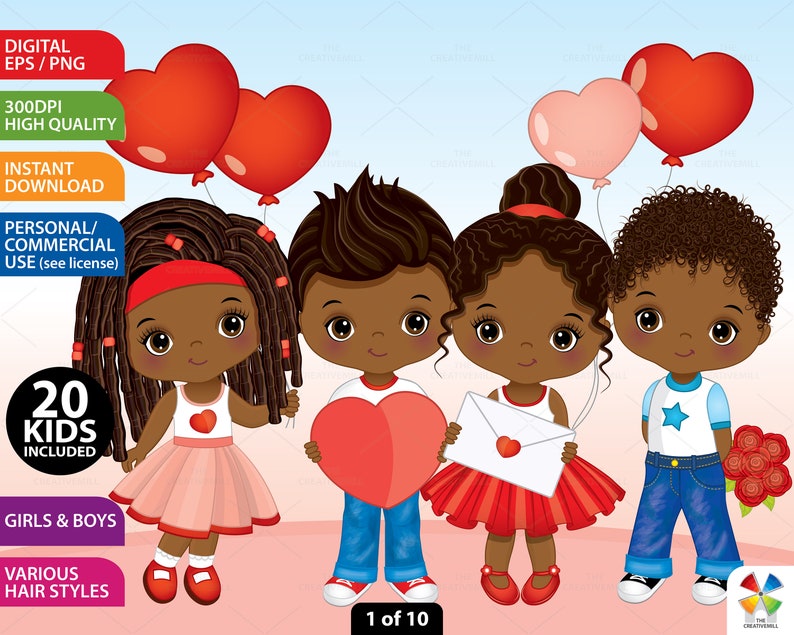 Valentines Day Kids Clipart Vector Love Kids Cute Afro - Etsy