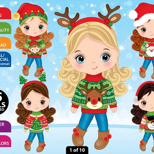 Christmas Girl Clipart Vector Little Girl Doll Character - Etsy