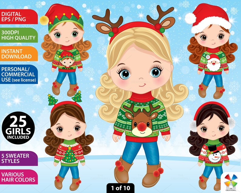 Christmas Girl Clipart Vector Little Girl Doll Character - Etsy