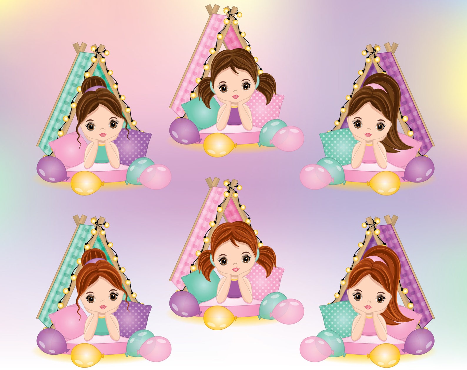 Slumber Party Clipart Vector Teepee Sleepover Pastel Hair | Etsy