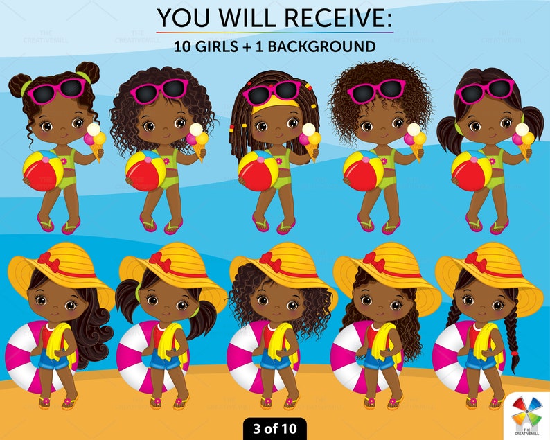 Afro Girl Beach Clipart Vector Summer Girl Cute Little Girl - Etsy