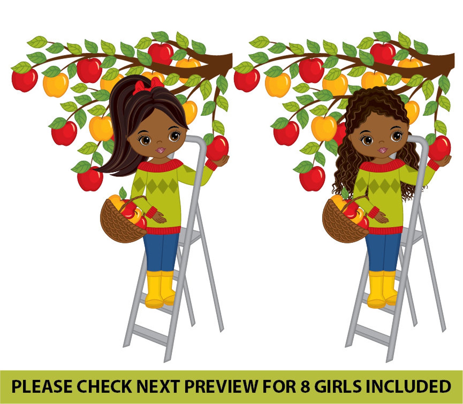 Girls Picking Apples Clipart Vector Apples Clipart Girls | Etsy