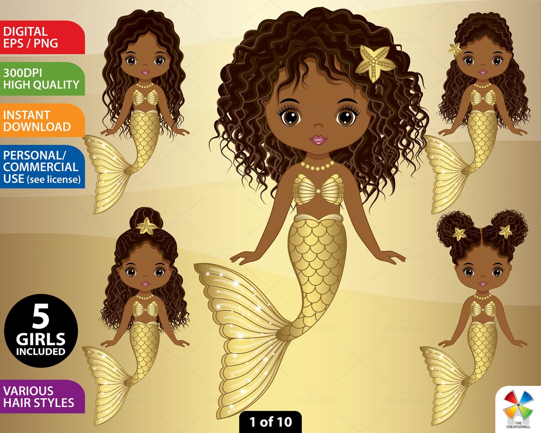 Gold Mermaid Clipart, Vector Mermaid, Fish Girl, Black Mermaid, Afro ...