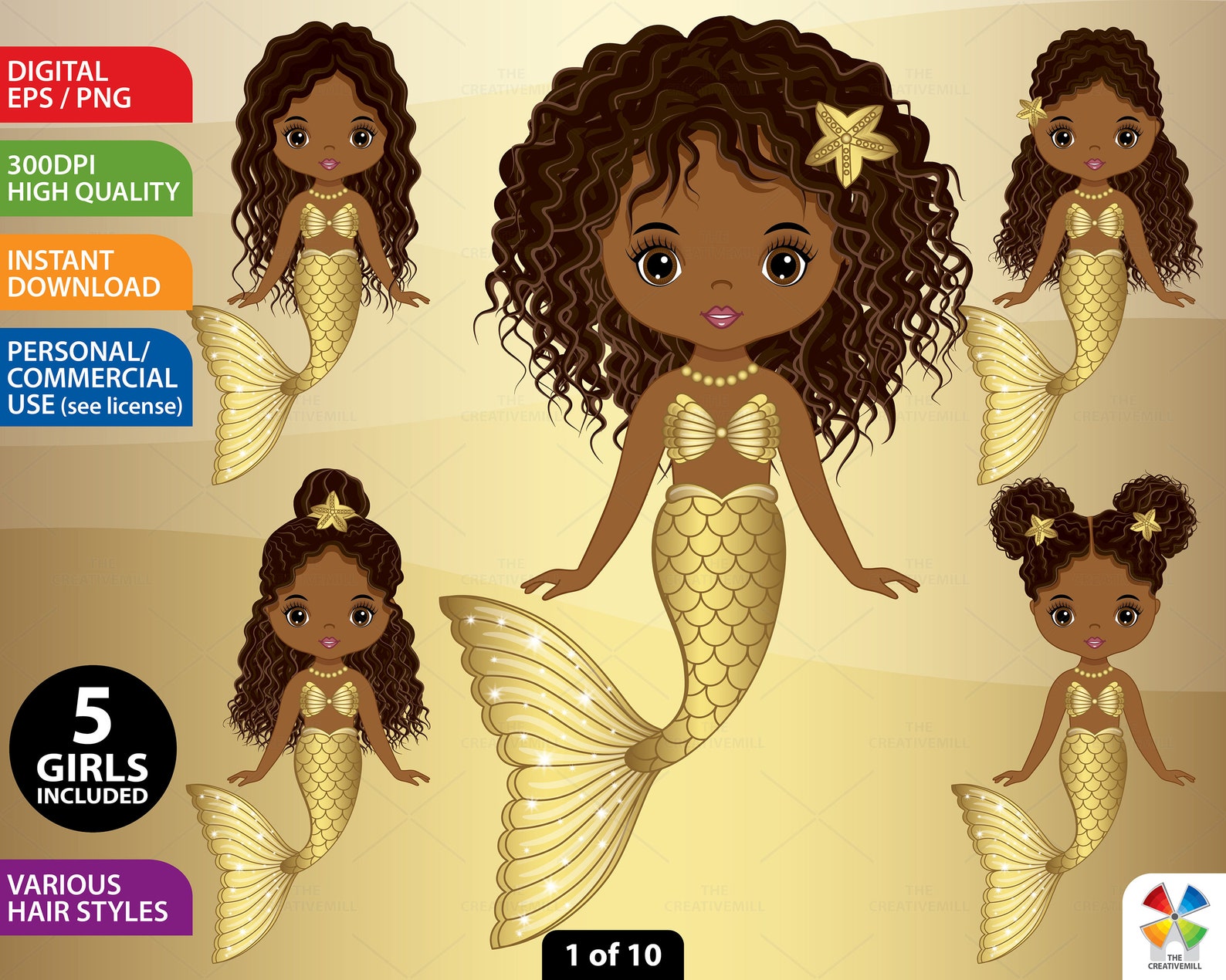 Gold Mermaid Clipart, Vector Mermaid, Fish Girl, Black Mermaid, Afro ...