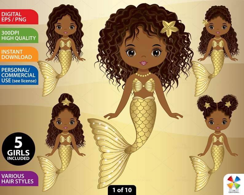 Gold Mermaid Clipart Vector Mermaid Fish Girl Black - Etsy