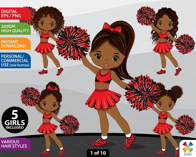 Black Cheerleader Clipart Vector Pom Sport Red Black - Etsy