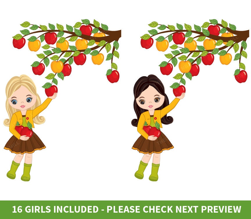 Girls Picking Apples Clipart Vector Apples Clipart Girls | Etsy