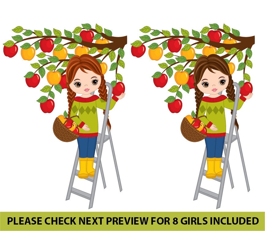 Girls Picking Apples Clipart Vector Apples Clipart Girls | Etsy