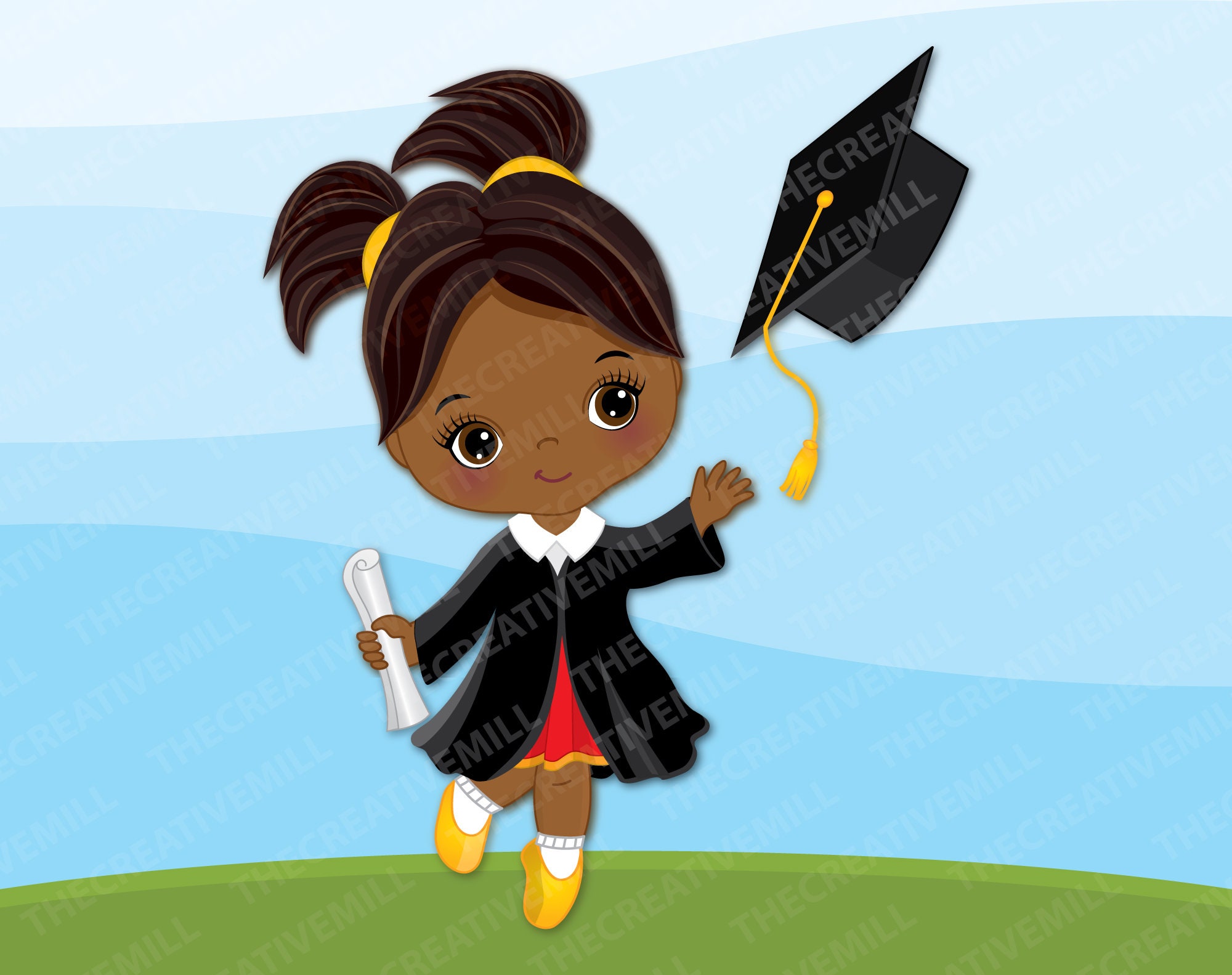 Graduation African American Girls Clipart Digital Vector | Etsy