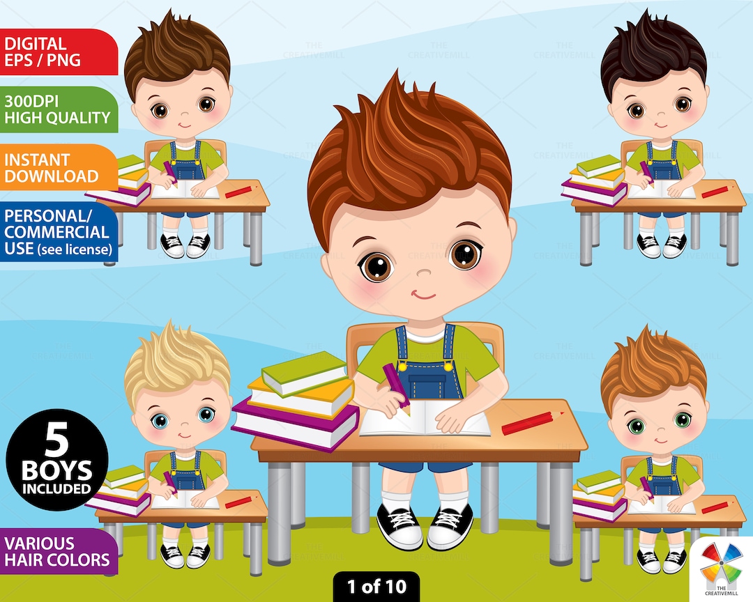 School Boy Clipart, Vector School Kid, Caucasian Kid, Study, Student ...