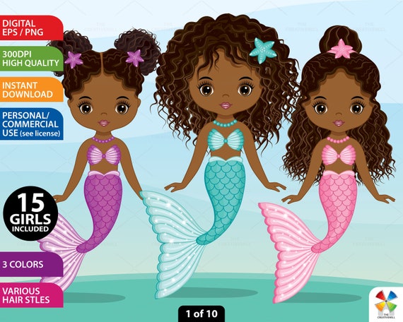 Black Mermaid Clipart Vector Afro Girl Cute Mermaid PNG - Etsy