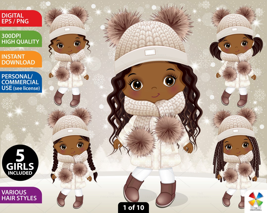 Ivory Winter Girl Clipart, Vector Little Girl, Doll, Afro Character ...