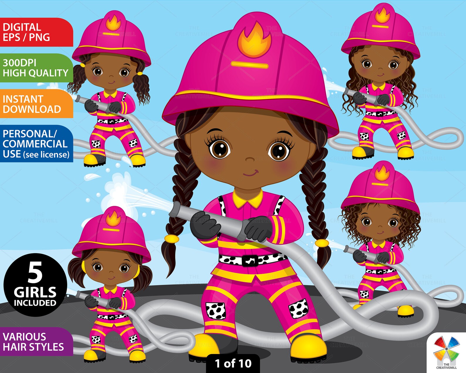 Black Girl Firefighter Clipart, Vector Fireman, Afro Little Girl, Fire ...