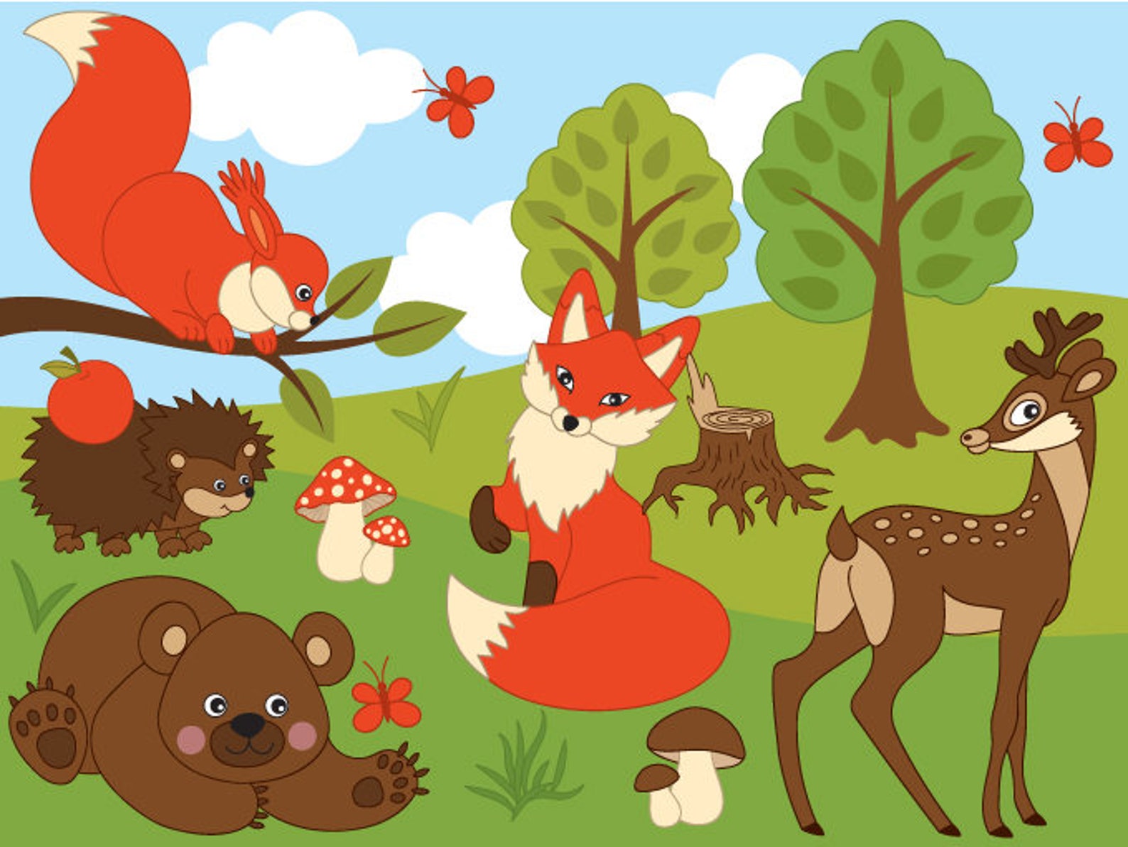 Woodland Animals Clipart Digital Vector Fox Squirrel Bear | Etsy