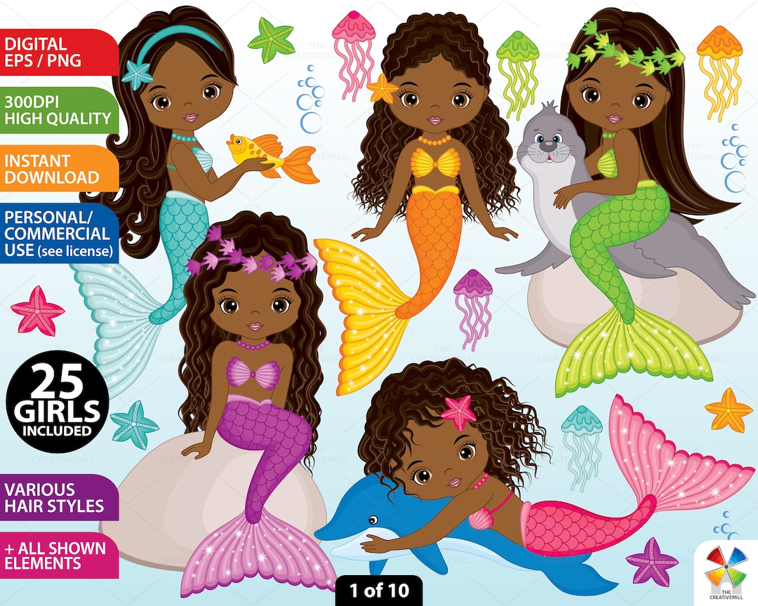 Mermaids Clipart - Vector Mermaids Clipart, Fish Girls Clipart, African ...