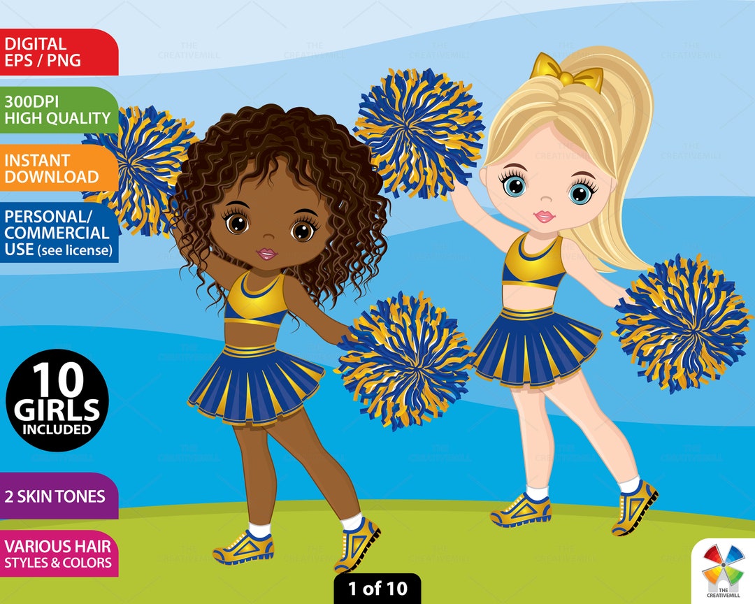 Navy Gold Cheerleader Clipart, Vector Pom Pom, Sport, Mix Race ...