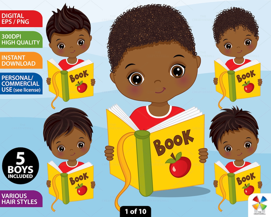Boy Reading Clipart, Vector School Kid, African American, Study, Afro ...