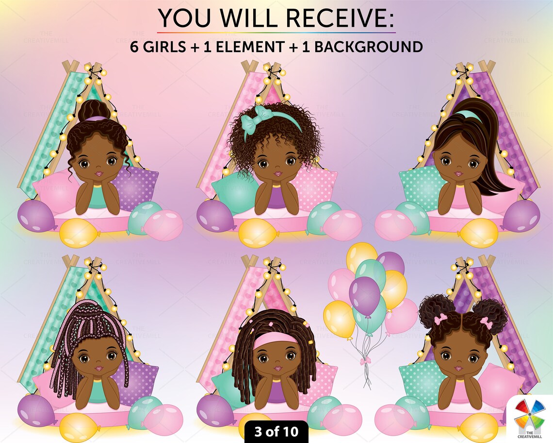 Slumber Party Clipart Vector Teepee Sleepover Afro Puff - Etsy