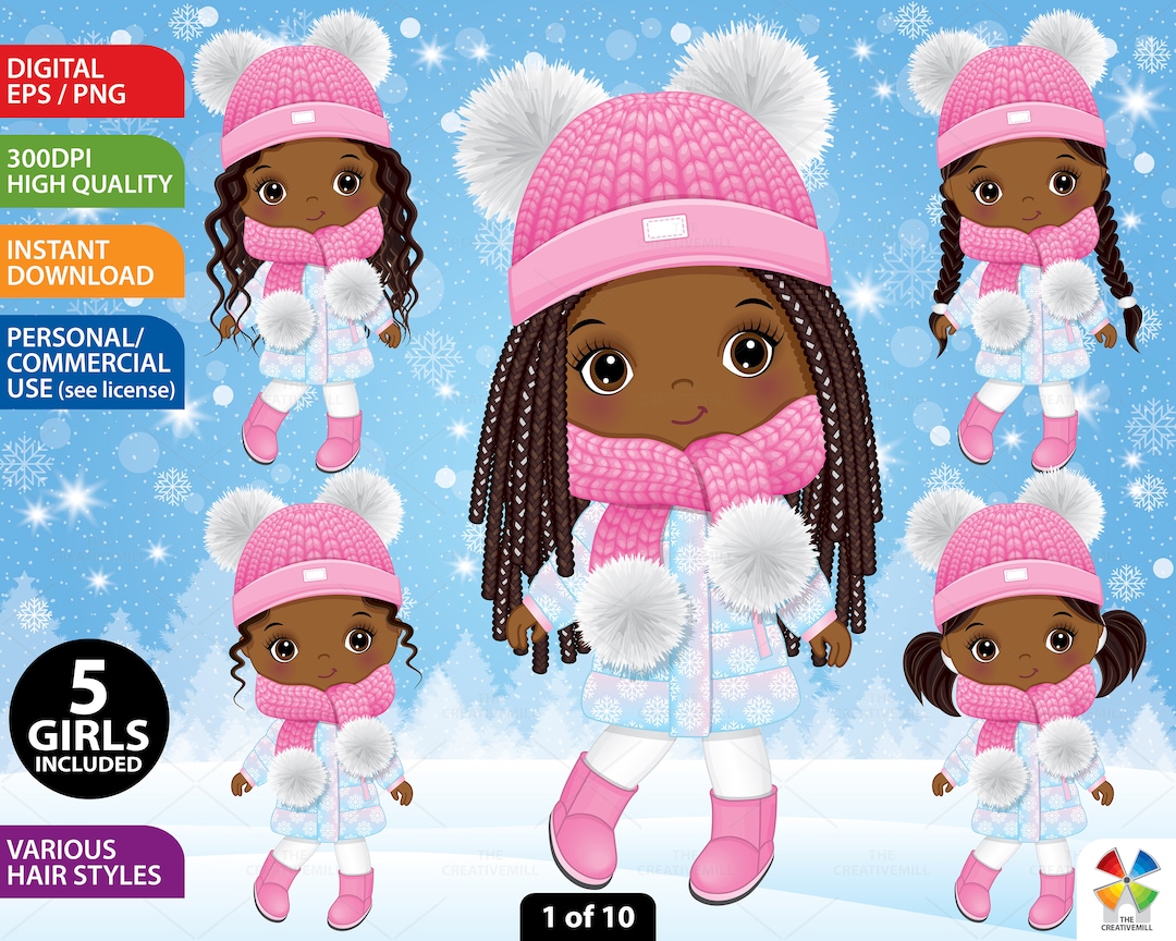 Winter Girl Clipart, Vector Little Girl, Doll, Afro Character, Winter ...