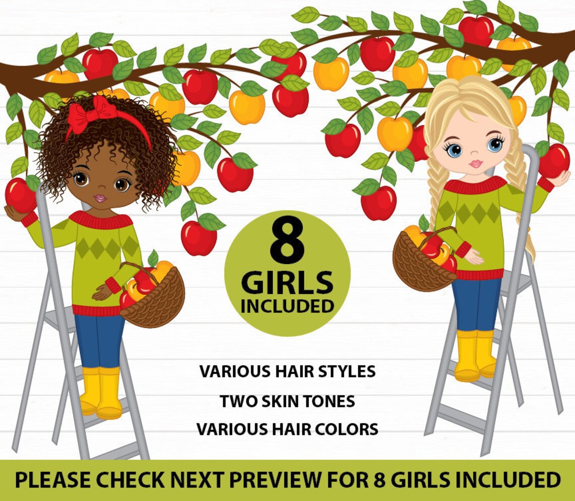 Girls Picking Apples Clipart Vector Apples Clipart Girls | Etsy